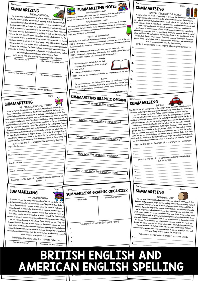 Summarizing (summarising) - Reading Worksheet Pack - Etsy