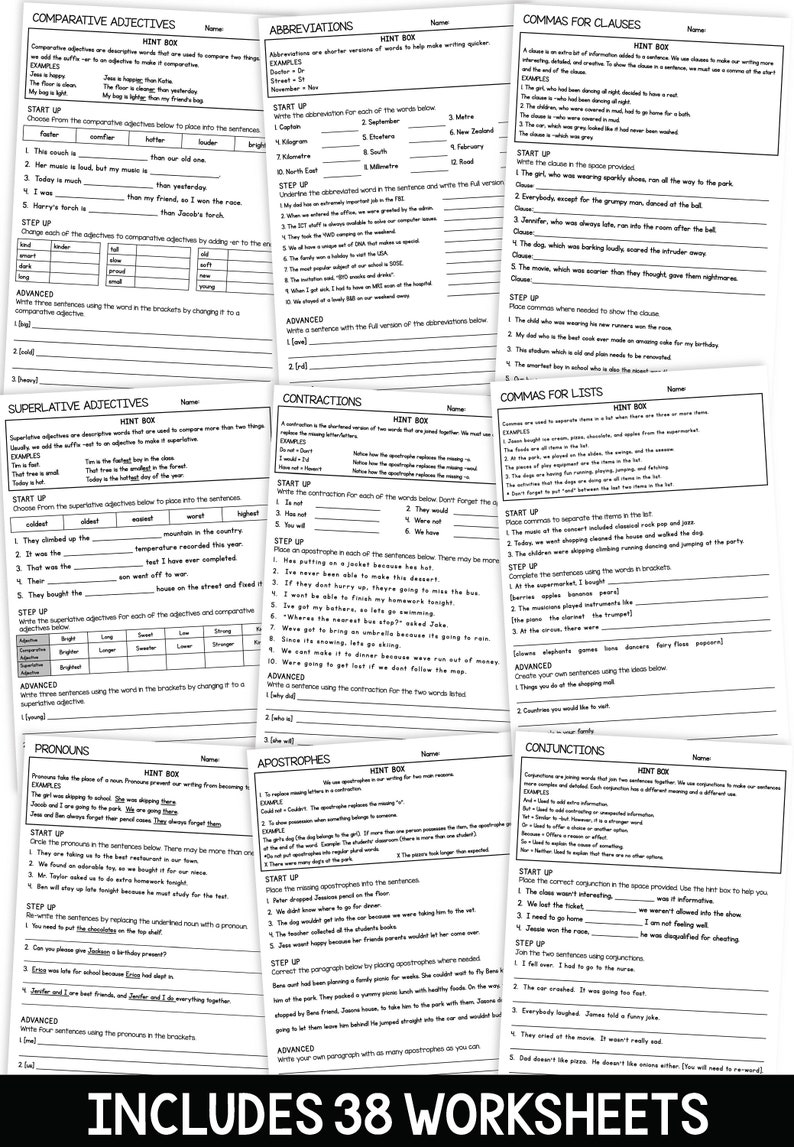 Grammar Worksheet Pack - Etsy