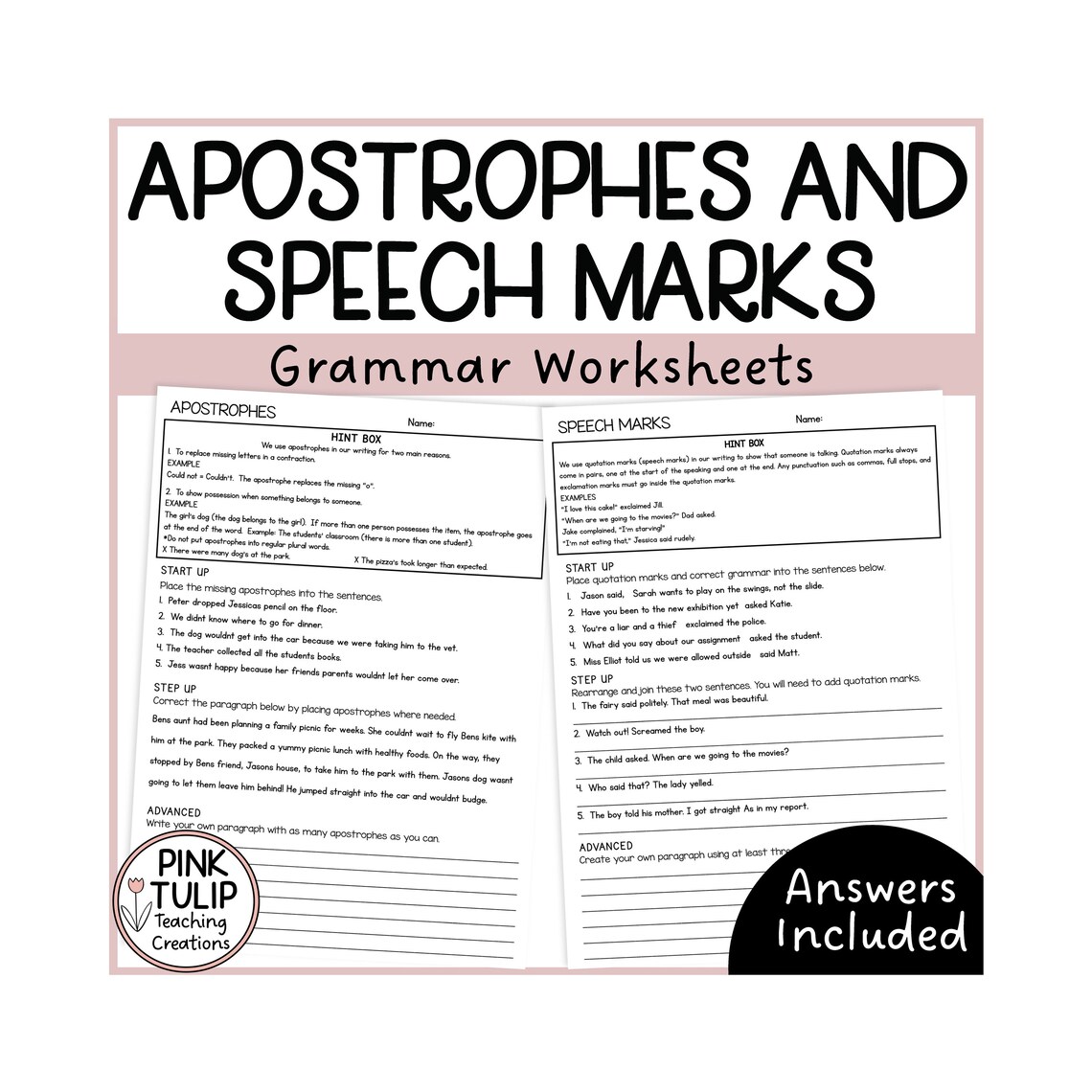 Apostrophes and Speech Marks - Grammar Worksheets With Answers - Etsy