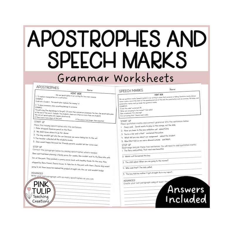 Apostrophes and Speech Marks - Grammar Worksheets With Answers - Etsy
