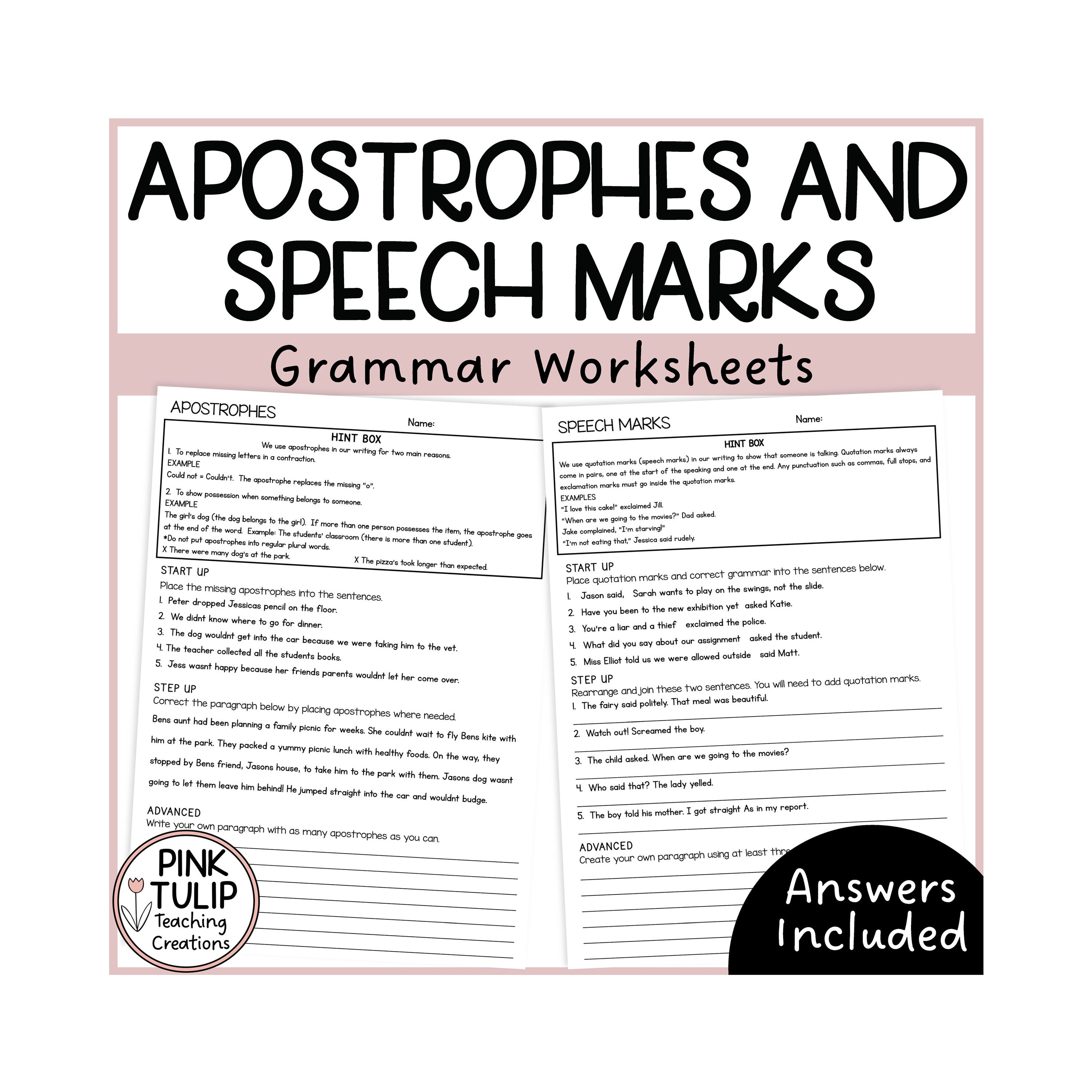 Apostrophes and Speech Marks - Grammar Worksheets With Answers - Etsy
