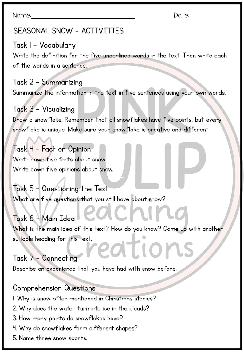 Seasonal Snow Christmas Comprehension - Reading Strategy Worksheet - Etsy