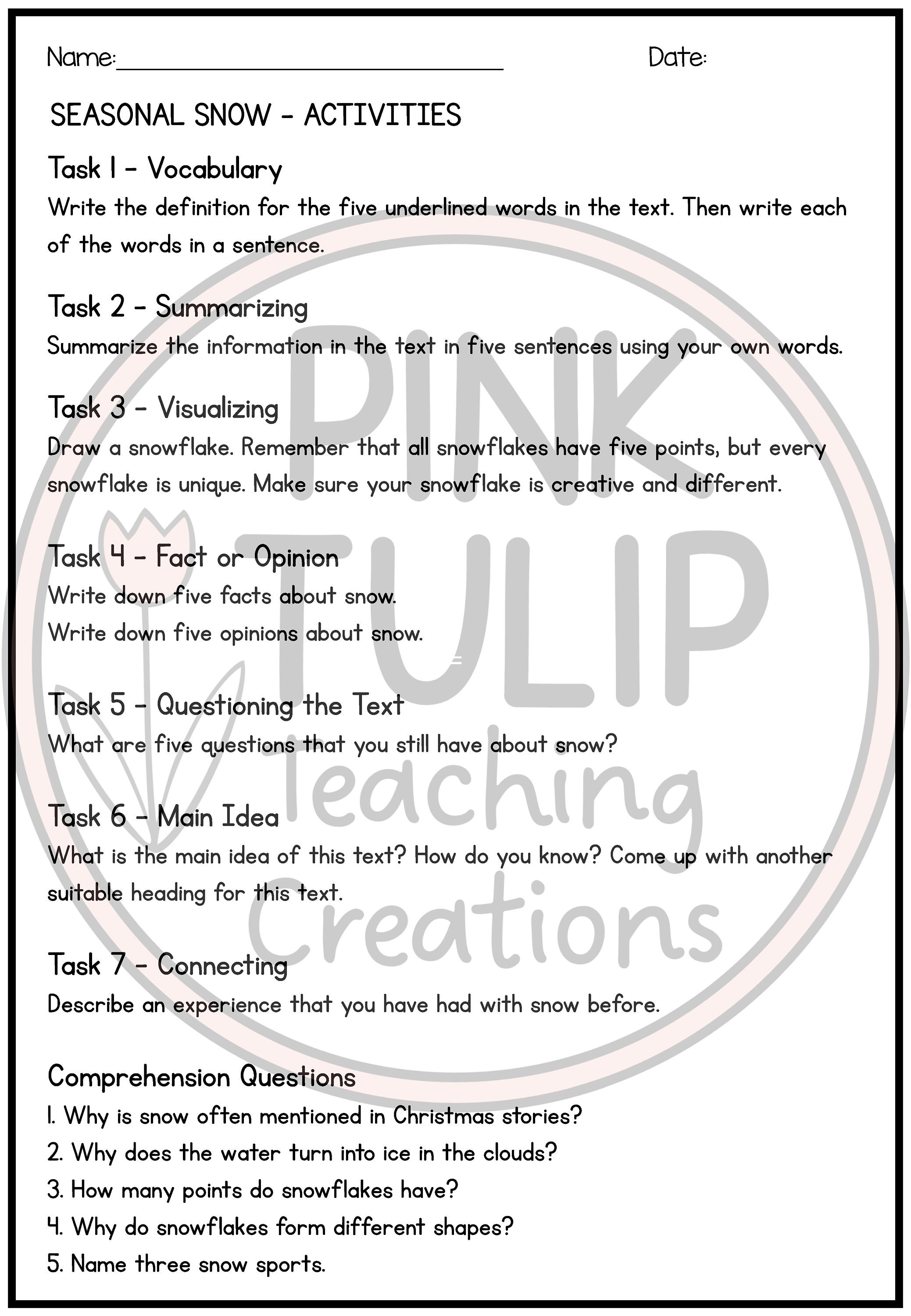 Seasonal Snow Christmas Comprehension - Reading Strategy Worksheet - Etsy