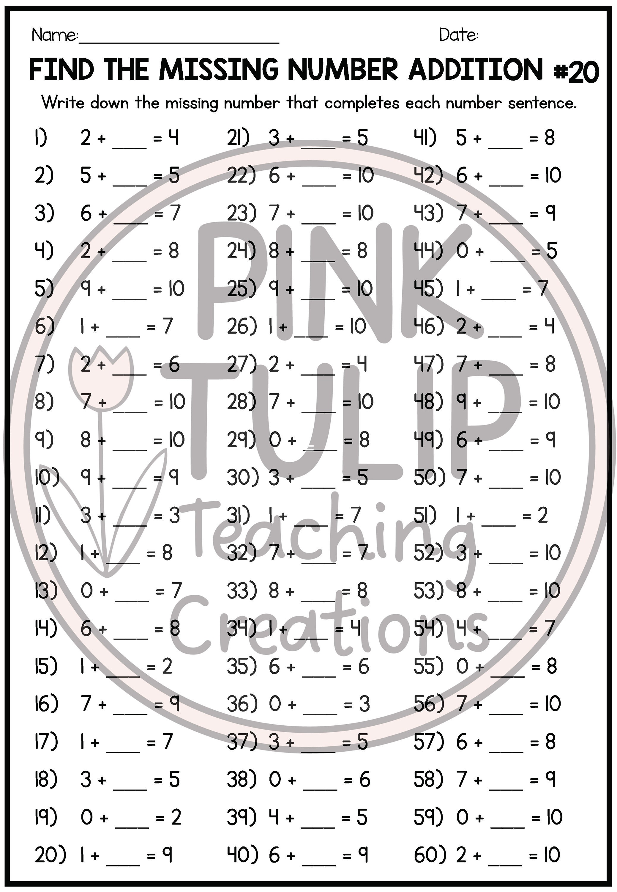 Missing Number up to 10 Addition Worksheets Mental Math or Early ...