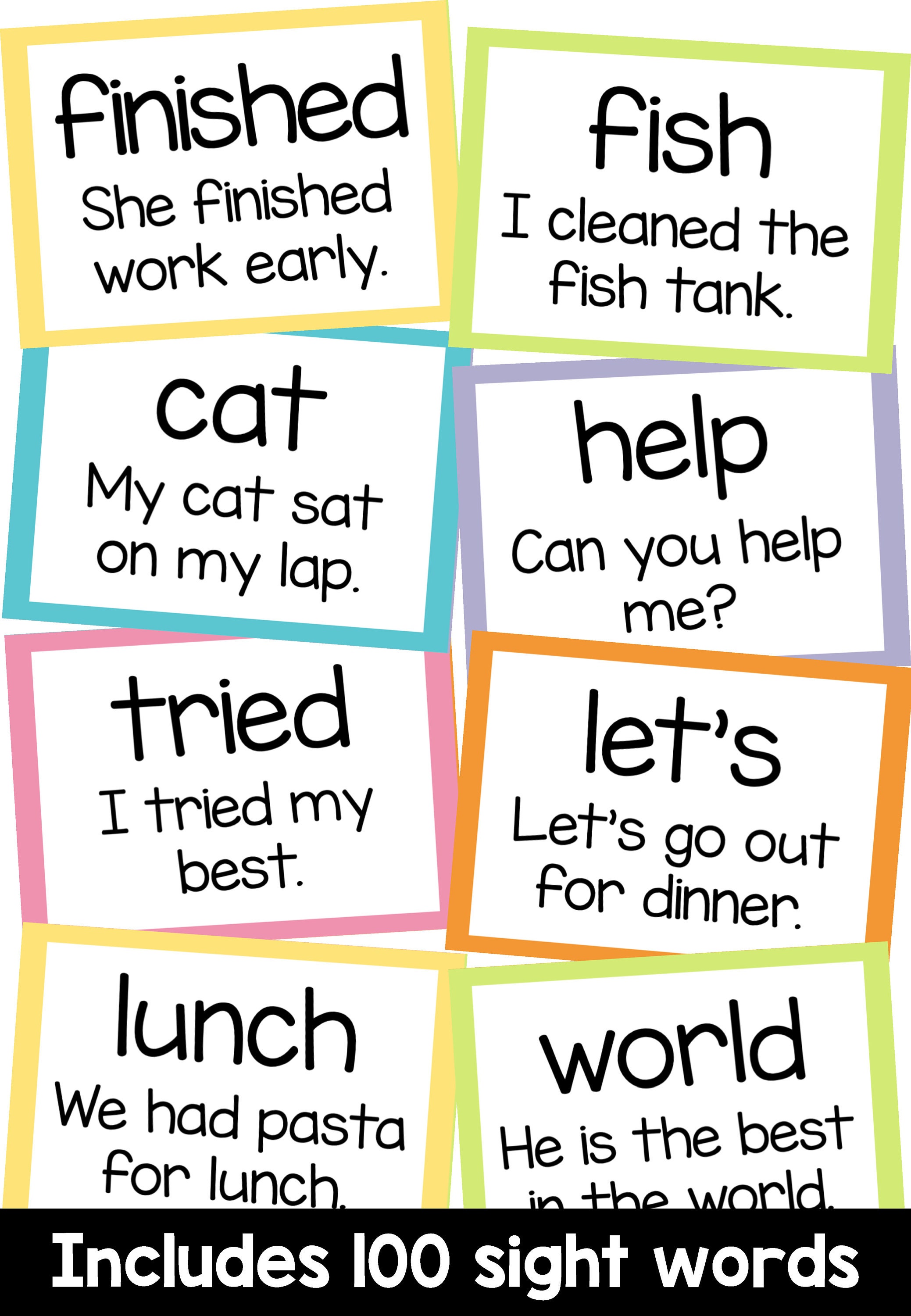 Sight Word Cards 201-300 High Frequency Words With Sentences - Etsy