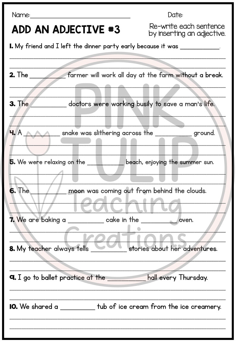 Add an Adjective to the Sentences - Fill in the Blanks Worksheet Pack ...
