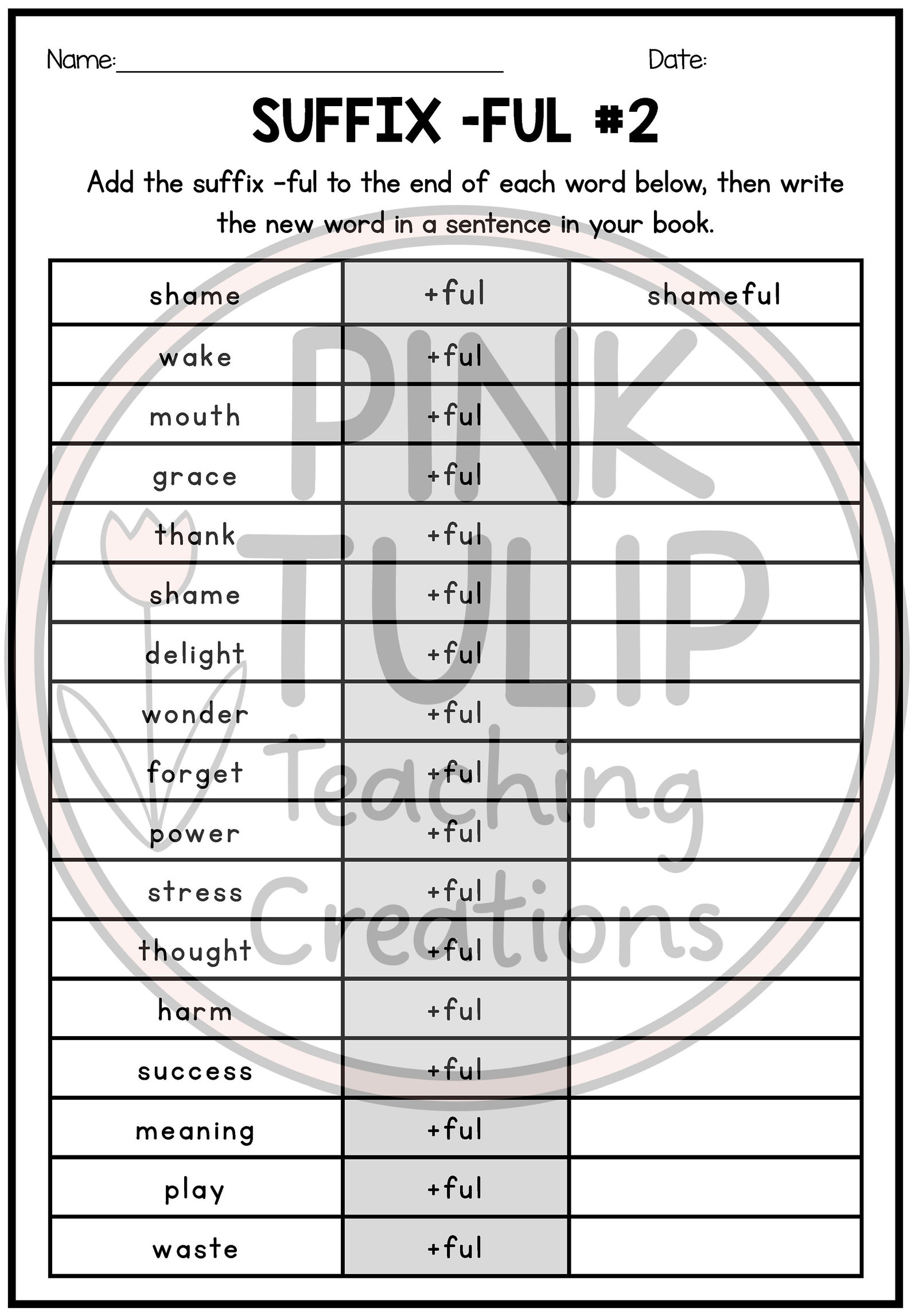 Suffix -ful Grammar Worksheets - Etsy
