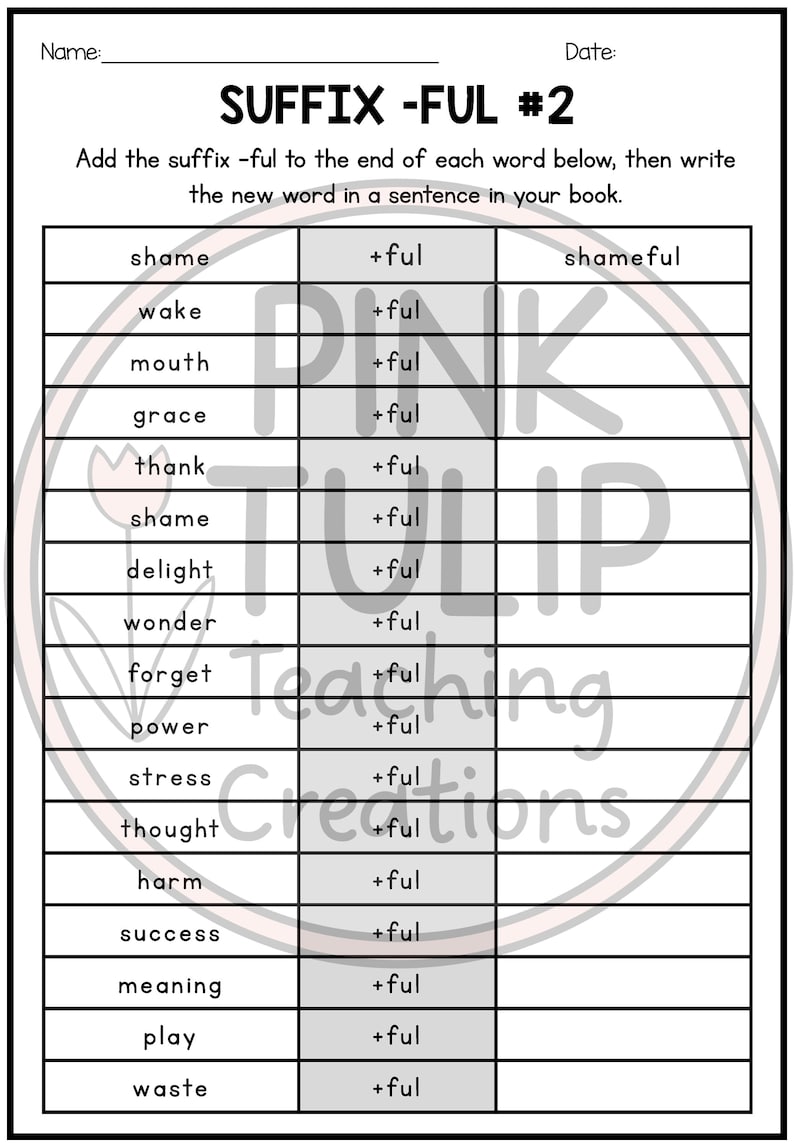 Suffix -ful Grammar Worksheets - Etsy
