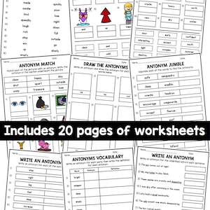 Antonyms Worksheet Pack - No Prep Printables With Answers - Etsy