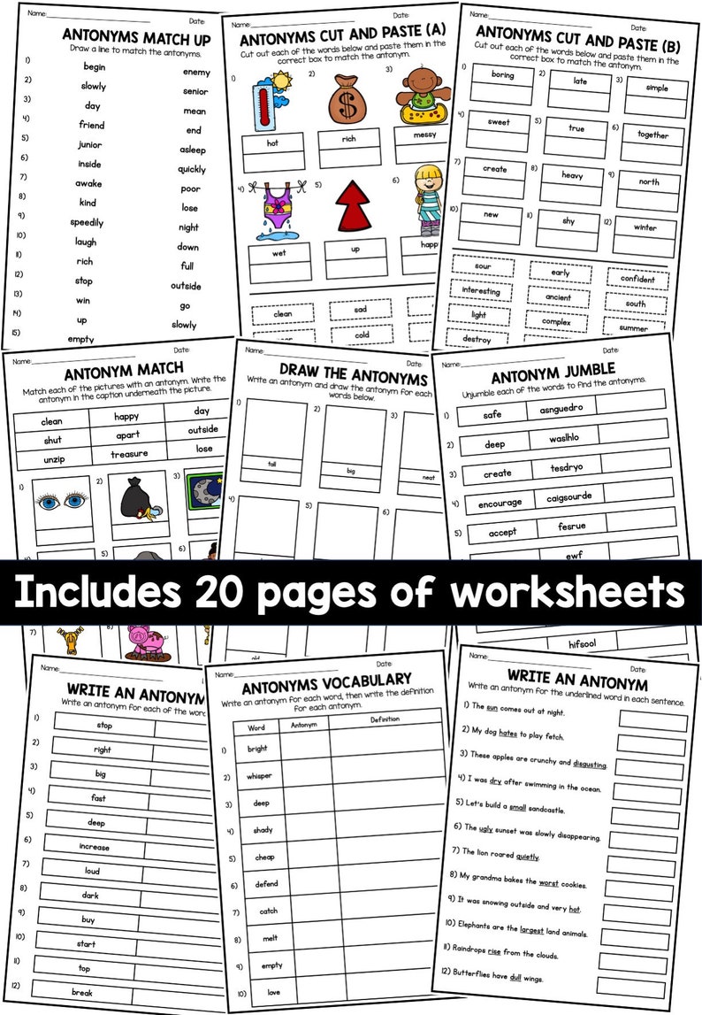 Antonyms Worksheet Pack No Prep Printables With Answers - Etsy