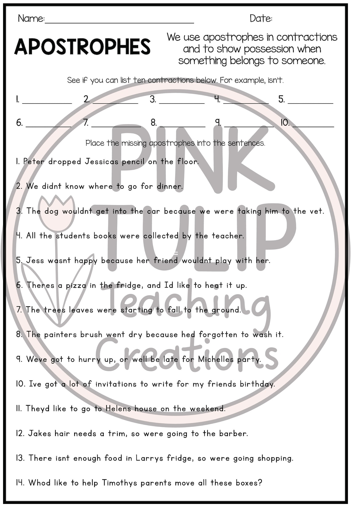 Using Apostrophes Worksheets - No Prep Printables - Etsy