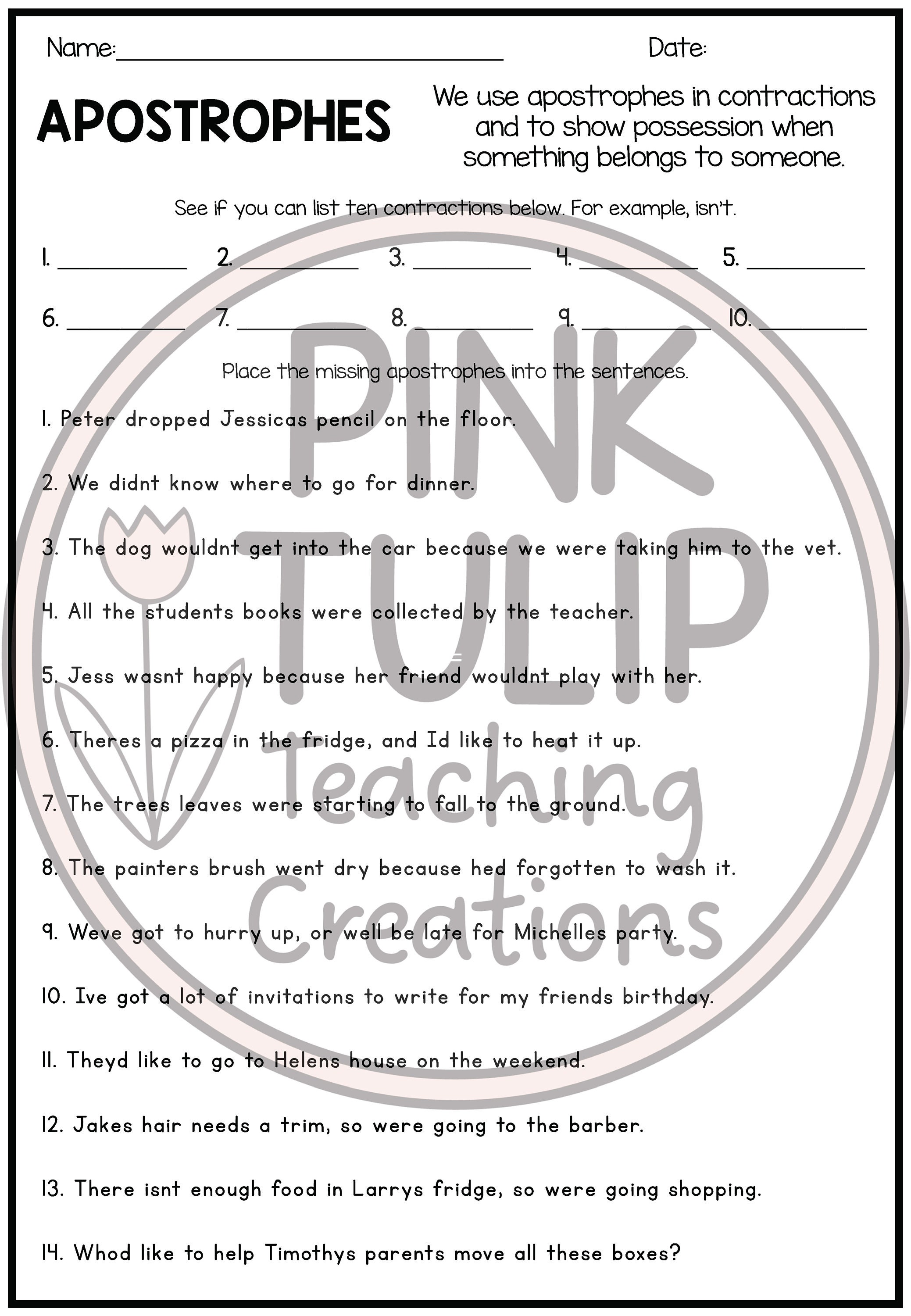 Using Apostrophes Worksheets - No Prep Printables - Etsy