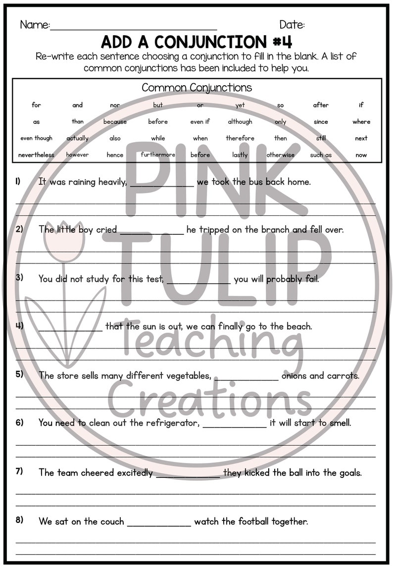 Add A Conjunction to the Sentences - Fill in the Blanks Worksheet Pack ...