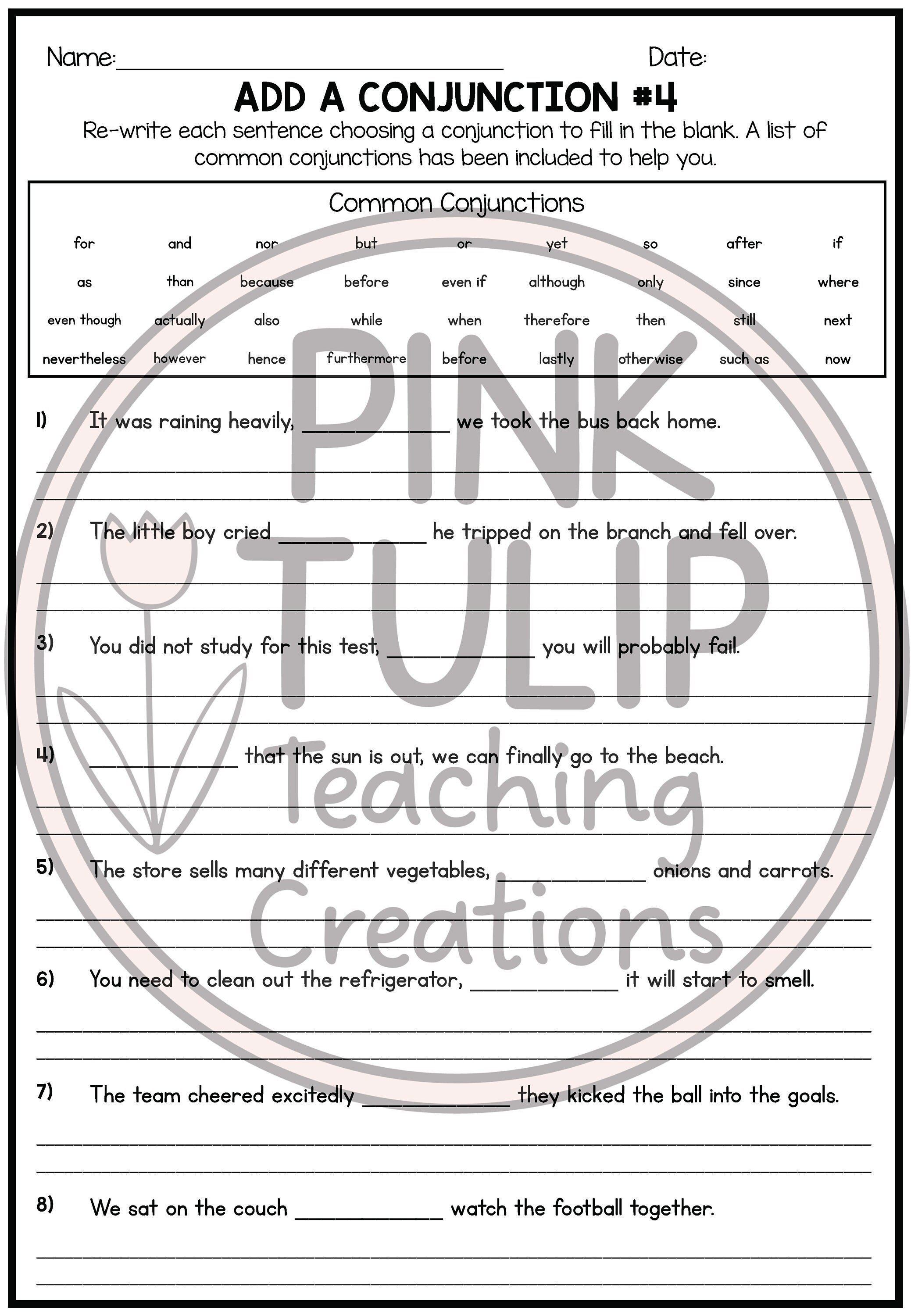 Add A Conjunction to the Sentences - Fill in the Blanks Worksheet Pack ...