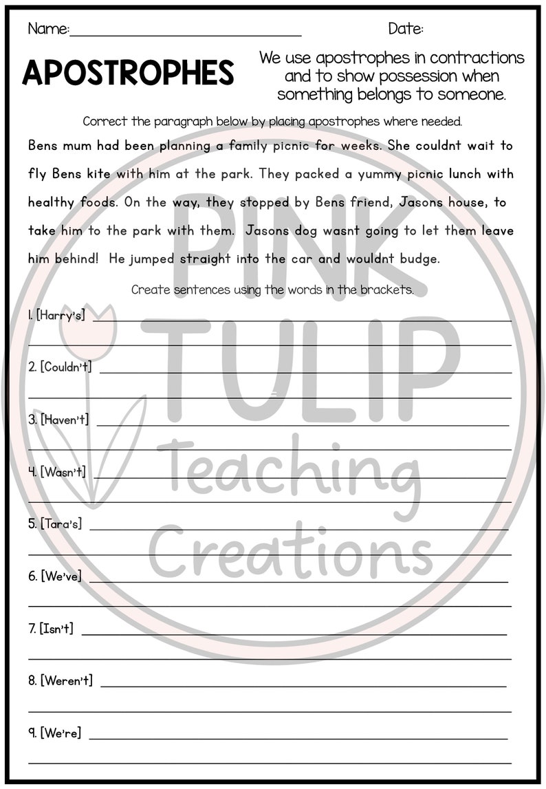 Using Apostrophes Worksheets - No Prep Printables - Etsy