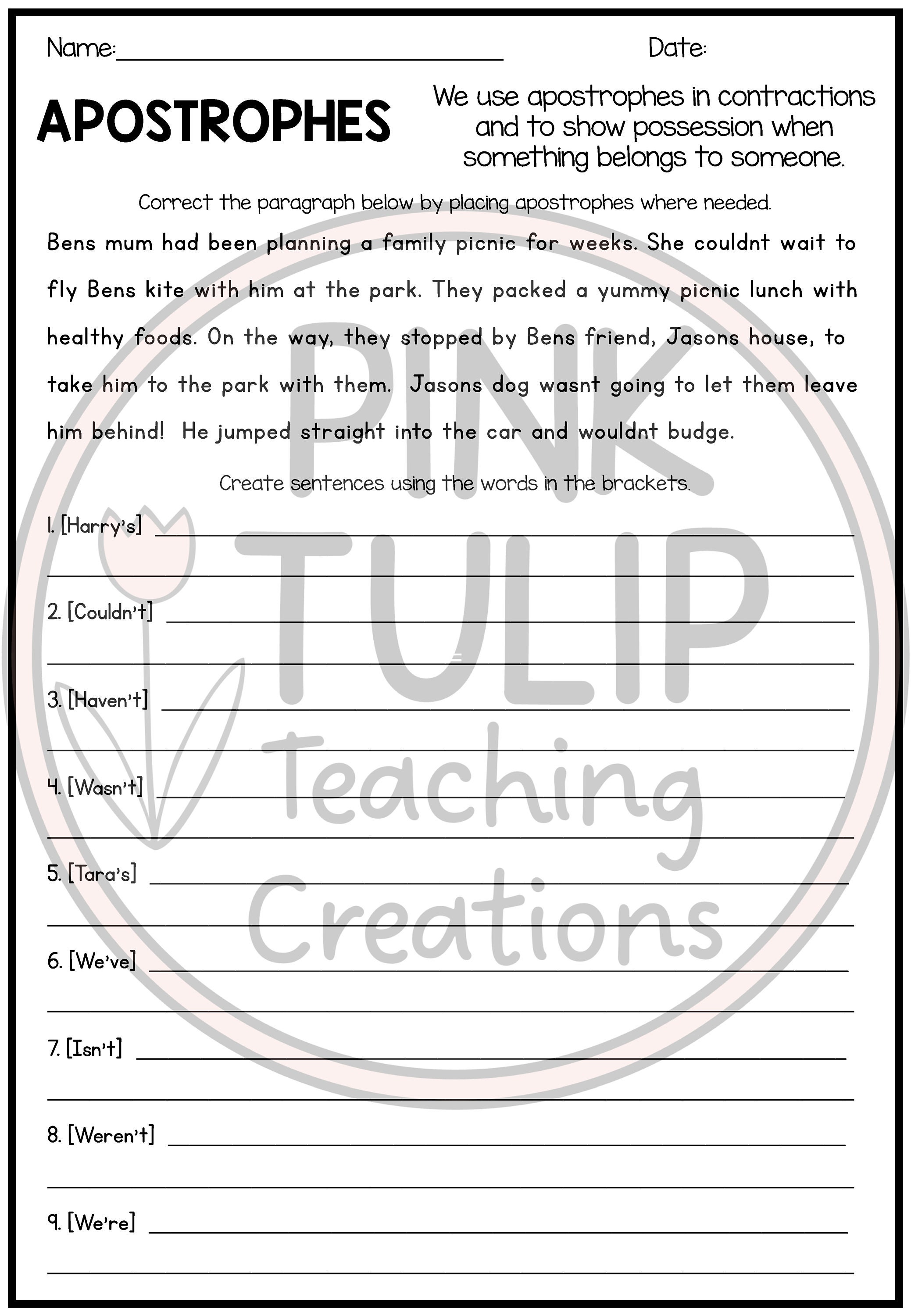 Using Apostrophes Worksheets - No Prep Printables - Etsy