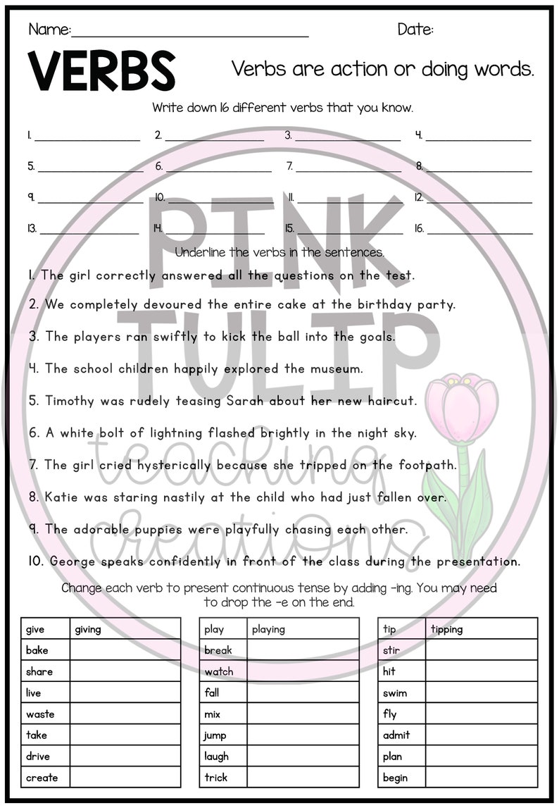 Understanding Verbs Worksheets No Prep Printables - Etsy