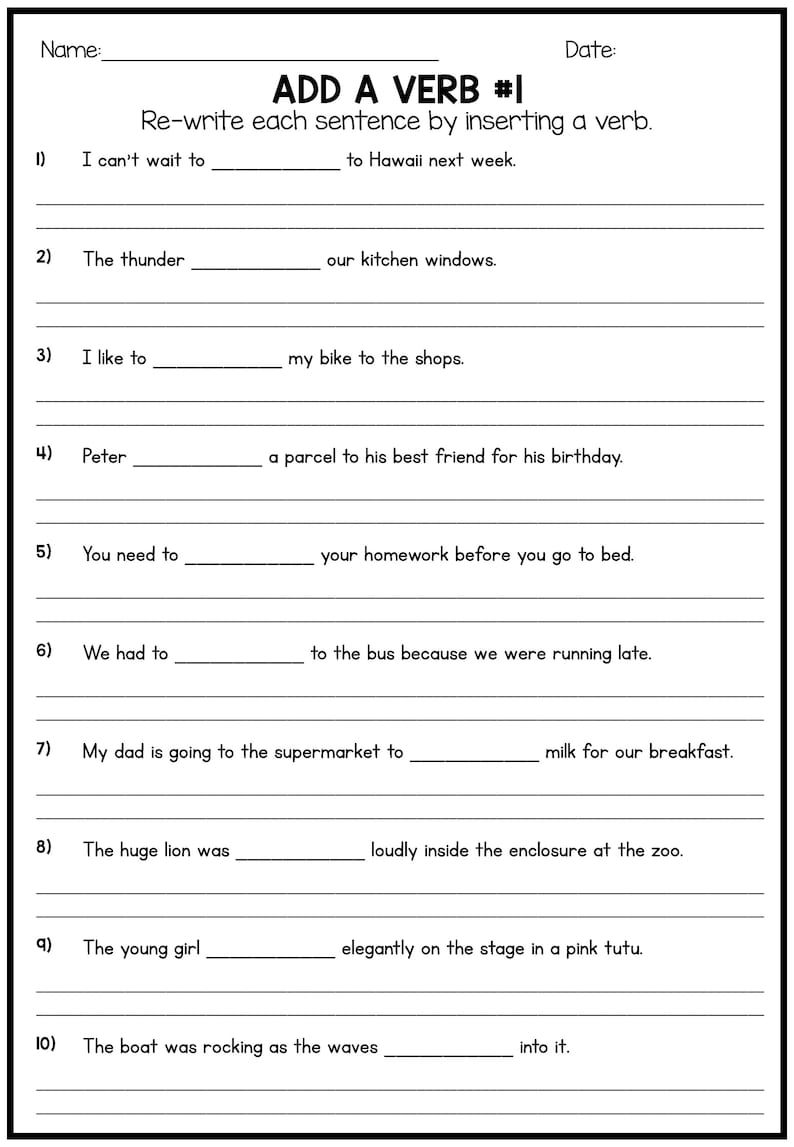 Add A Verb to the Sentences Fill in the Blanks Worksheet - Etsy