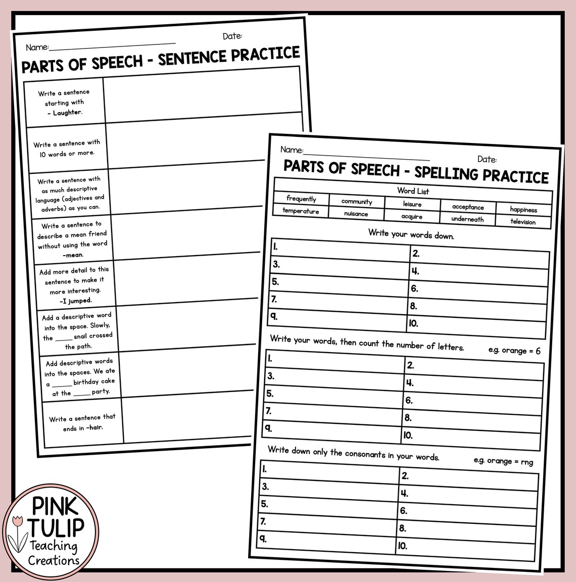 Parts of Speech Mini Unit - Structured Worksheet Pack - Etsy