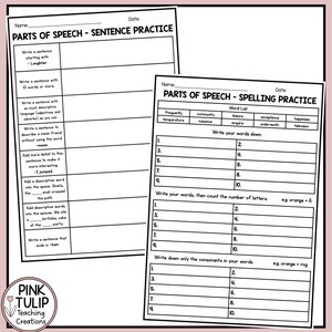 Parts of Speech Mini Unit - Structured Worksheet Pack - Etsy