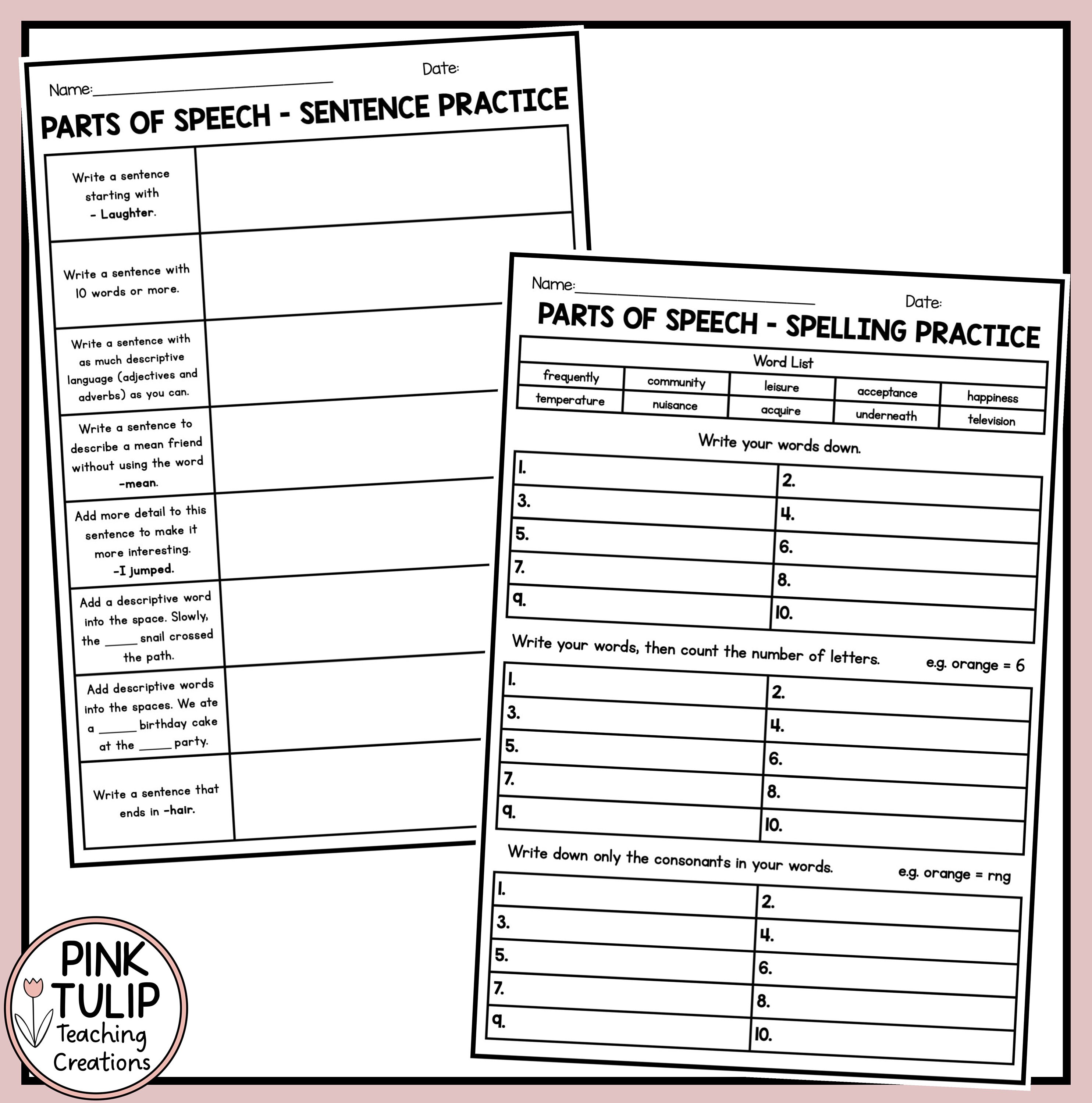 Parts of Speech Mini Unit - Structured Worksheet Pack - Etsy