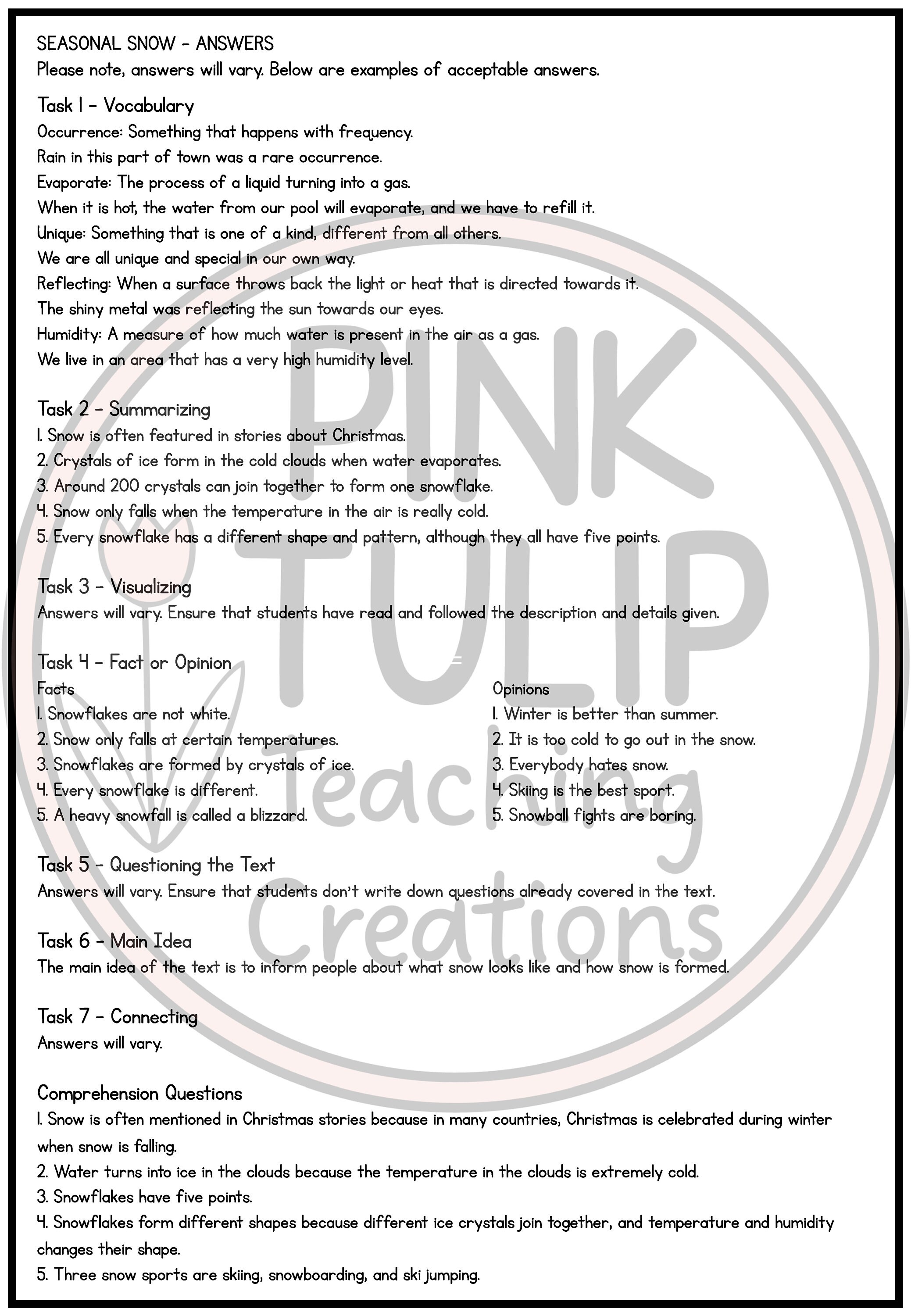 Seasonal Snow Christmas Comprehension - Reading Strategy Worksheet - Etsy