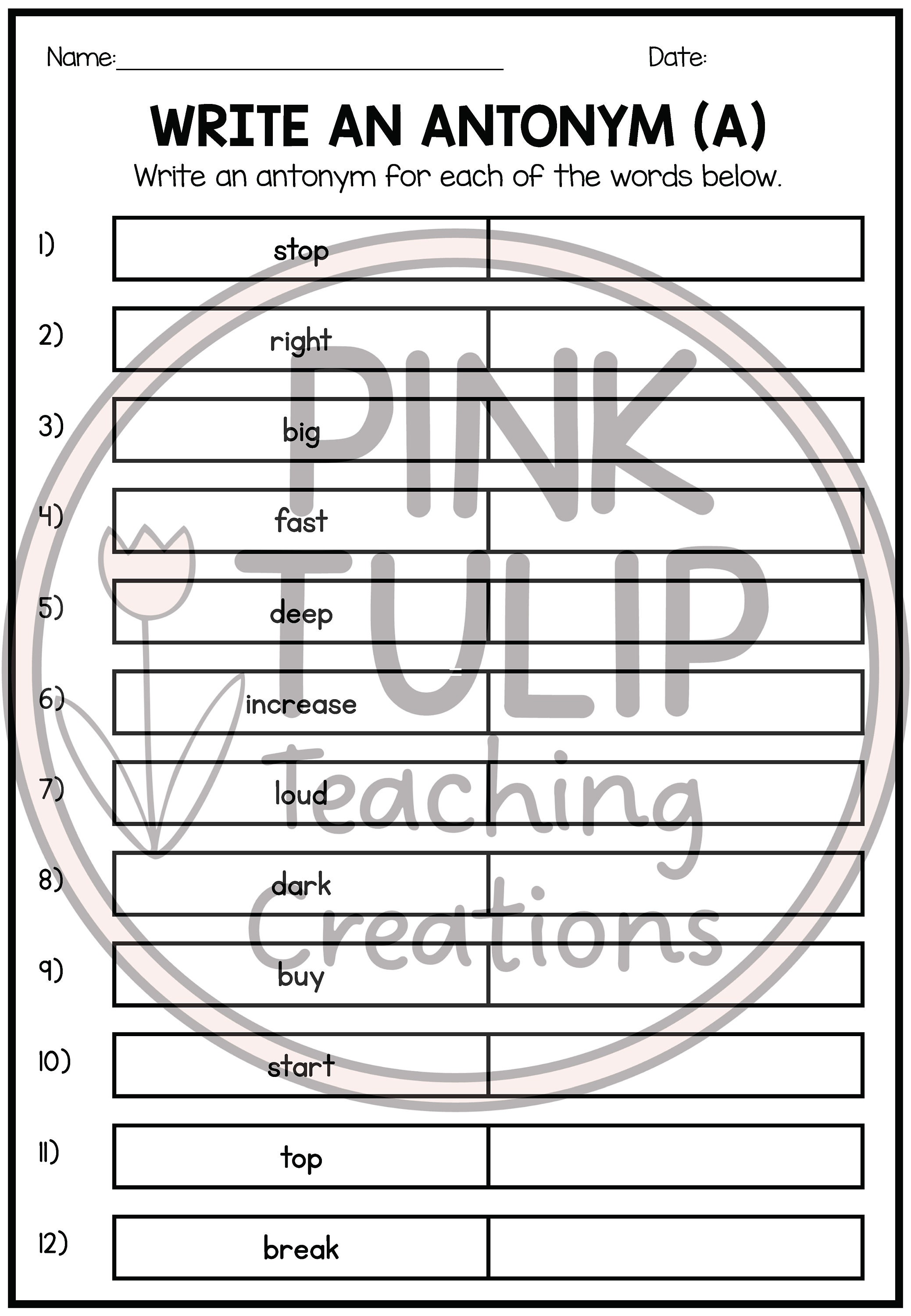 Antonyms Worksheet Pack No Prep Printables With Answers - Etsy