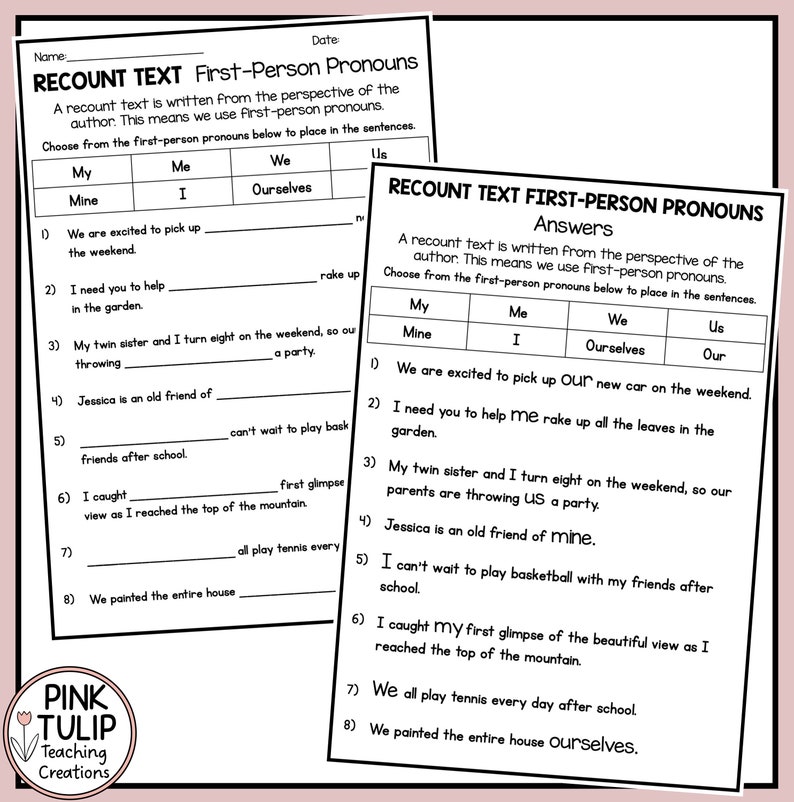 Recount Writing, First-person Pronouns Worksheets - Etsy