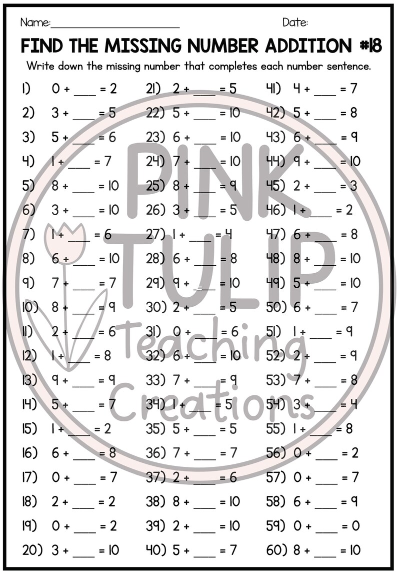 Missing Number up to 10 Addition Worksheets - Mental Math or Early ...