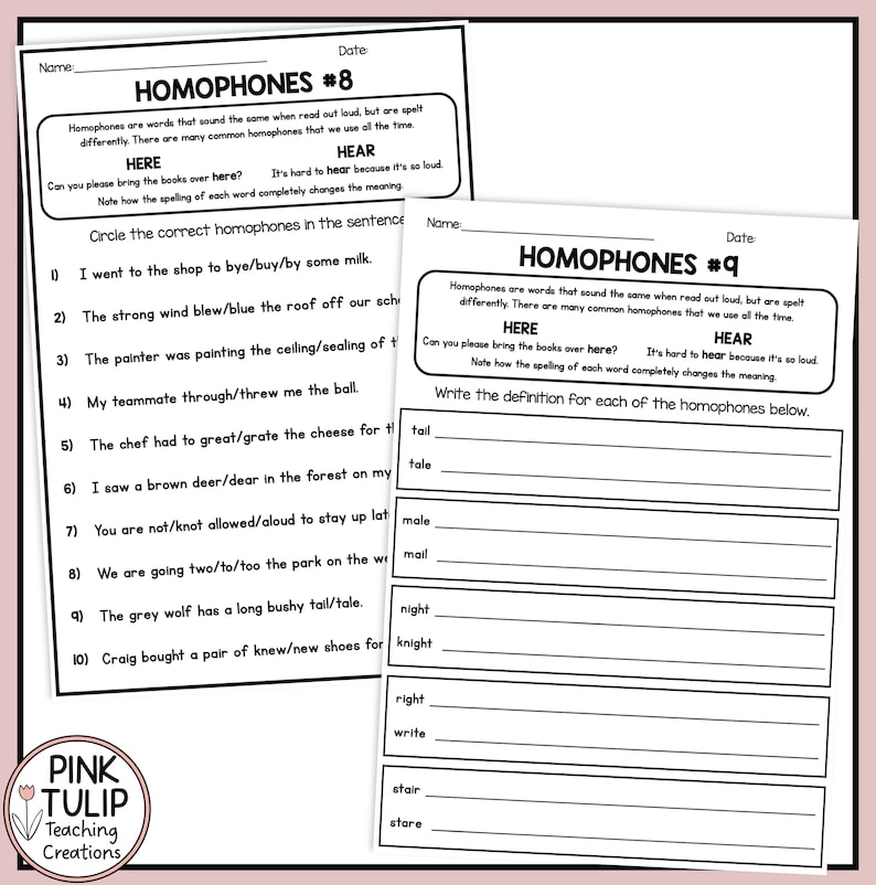 Homophones - Worksheet Pack With Answers - Etsy