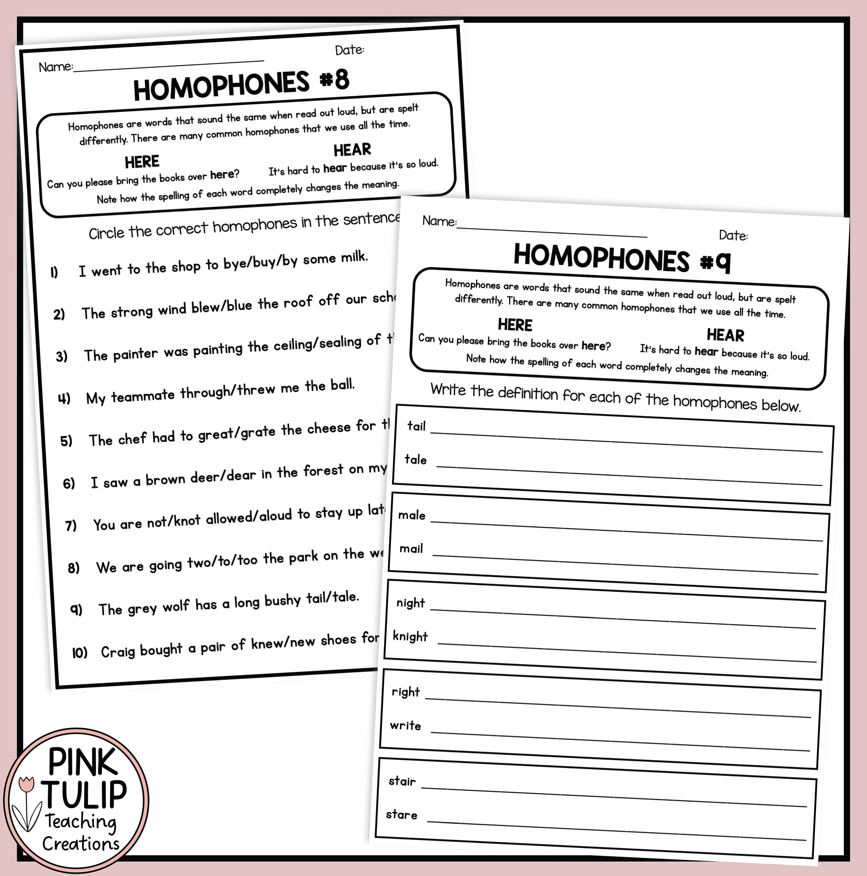 Homophones - Worksheet Pack With Answers - Etsy