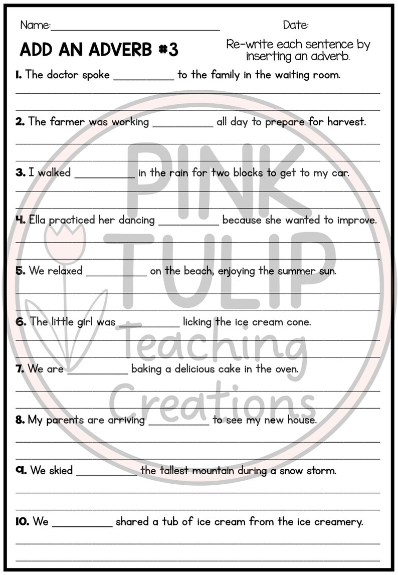 Add an Adverb to the Sentences - Fill in the Blanks Worksheet Pack - Etsy