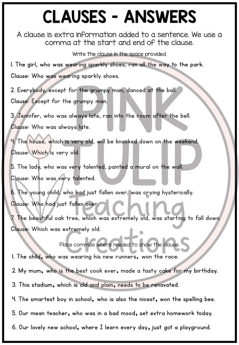 Understanding Clauses Worksheets - No Prep Printables - Etsy