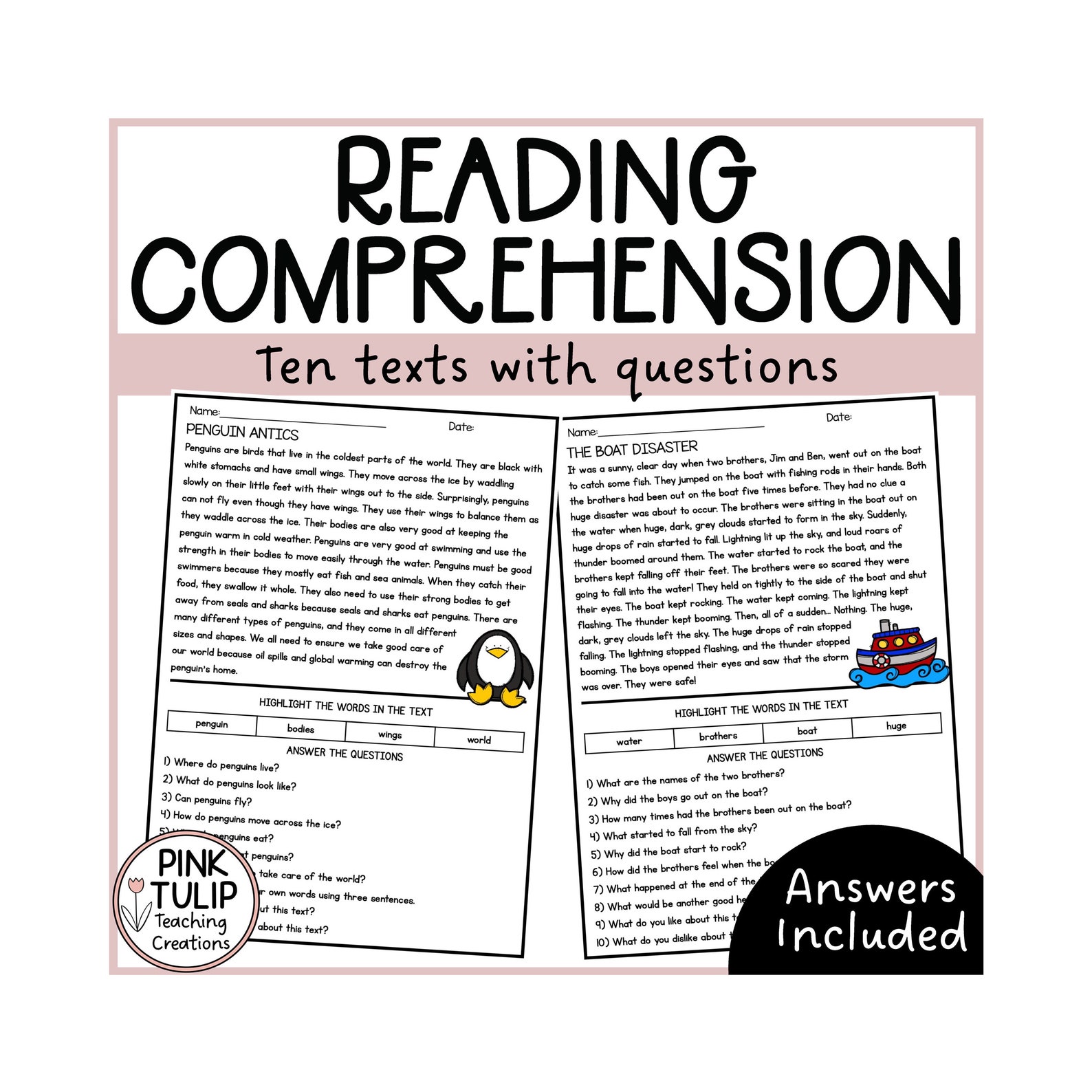 Ten Page Reading Comprehension Worksheet Pack - Etsy