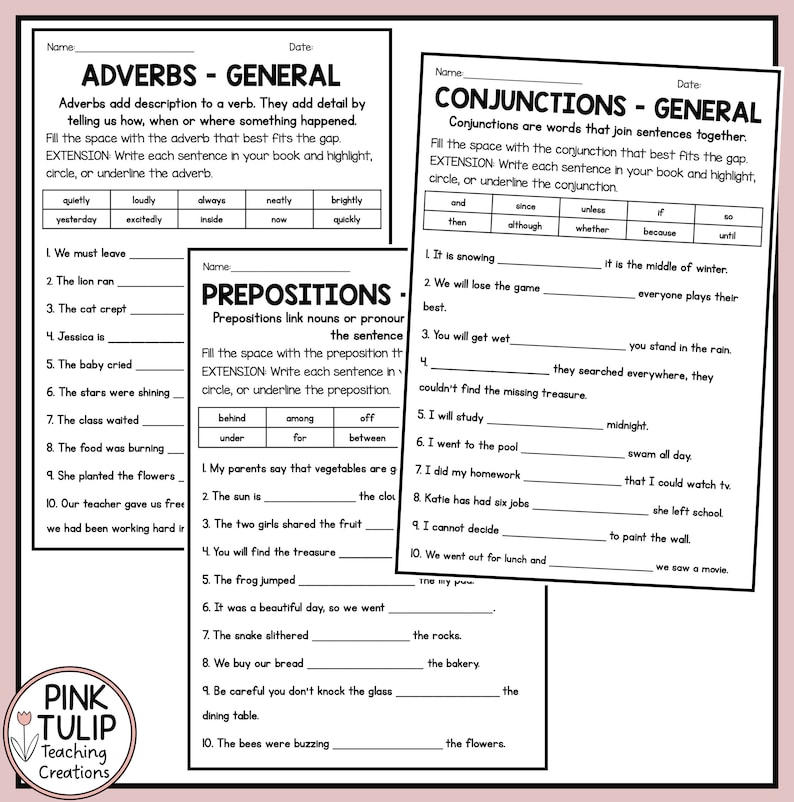 Parts of Speech - Fill the Blanks Worksheets - Etsy