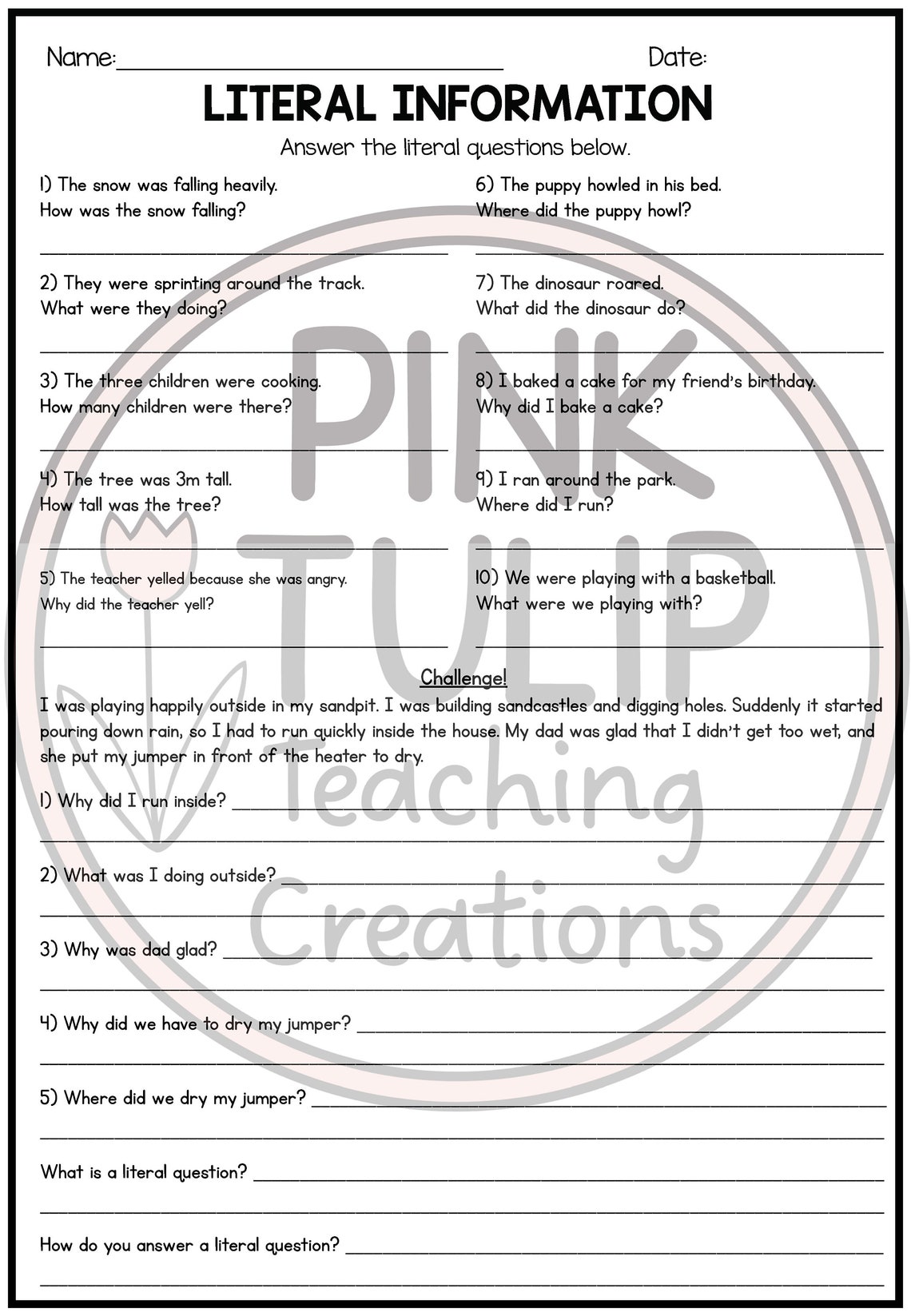 Implied Vs Literal Questions - Worksheets With Answers - Etsy