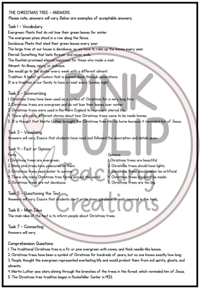 Christmas Tree Comprehension - Reading Strategy Worksheet - Etsy