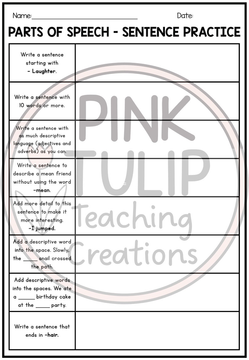 Parts of Speech Mini Unit - Structured Worksheet Pack - Etsy