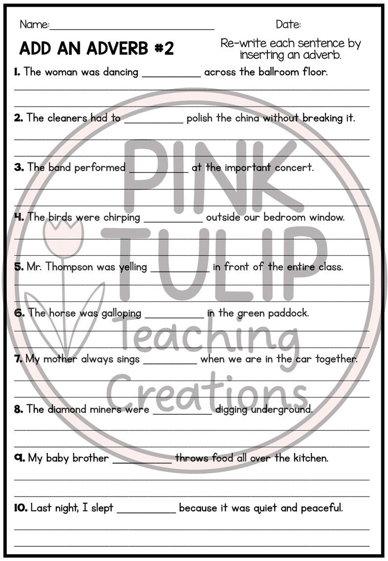 Add an Adverb to the Sentences - Fill in the Blanks Worksheet Pack - Etsy