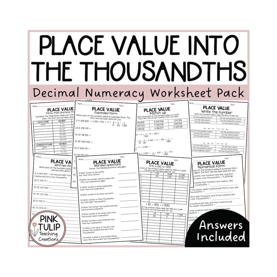 Decimal Place Value Into the Thousandths - Worksheet Pack - Etsy