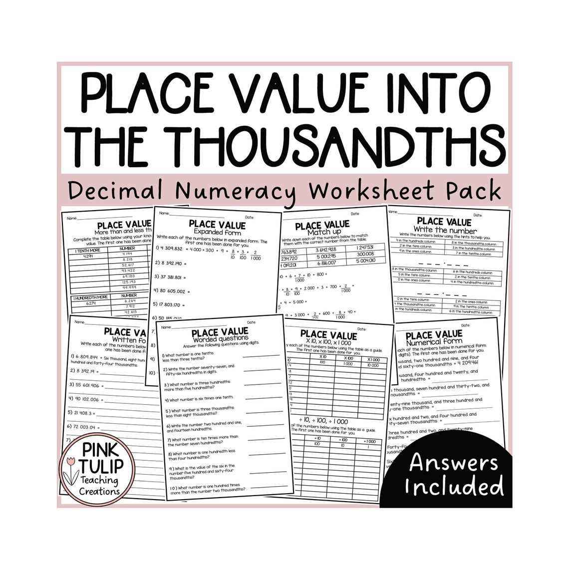 Decimal Place Value Into the Thousandths - Worksheet Pack - Etsy
