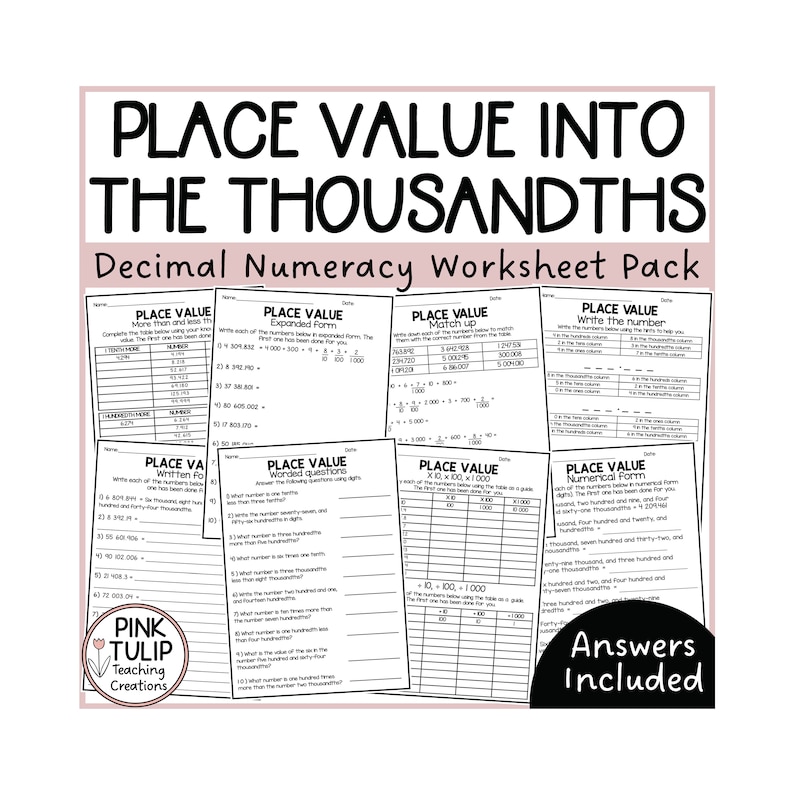 Decimal Place Value Into the Thousandths - Worksheet Pack - Etsy