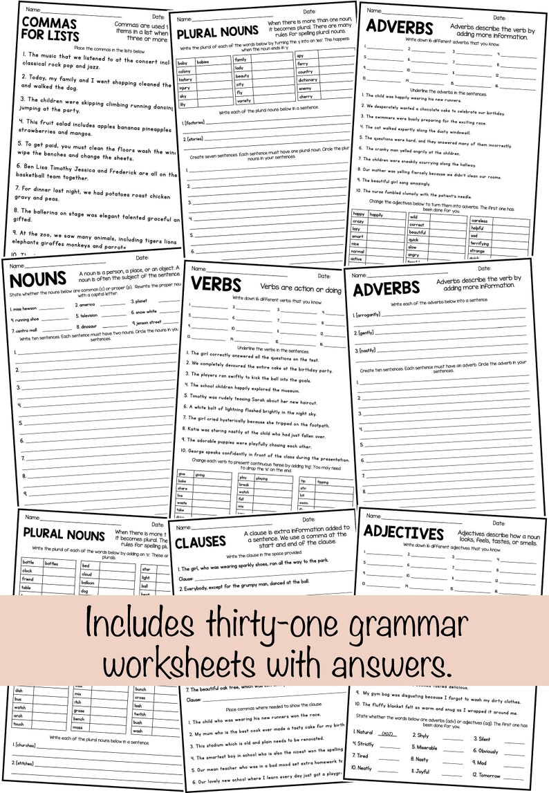 Parts of Speech Grammar Workbook - Etsy