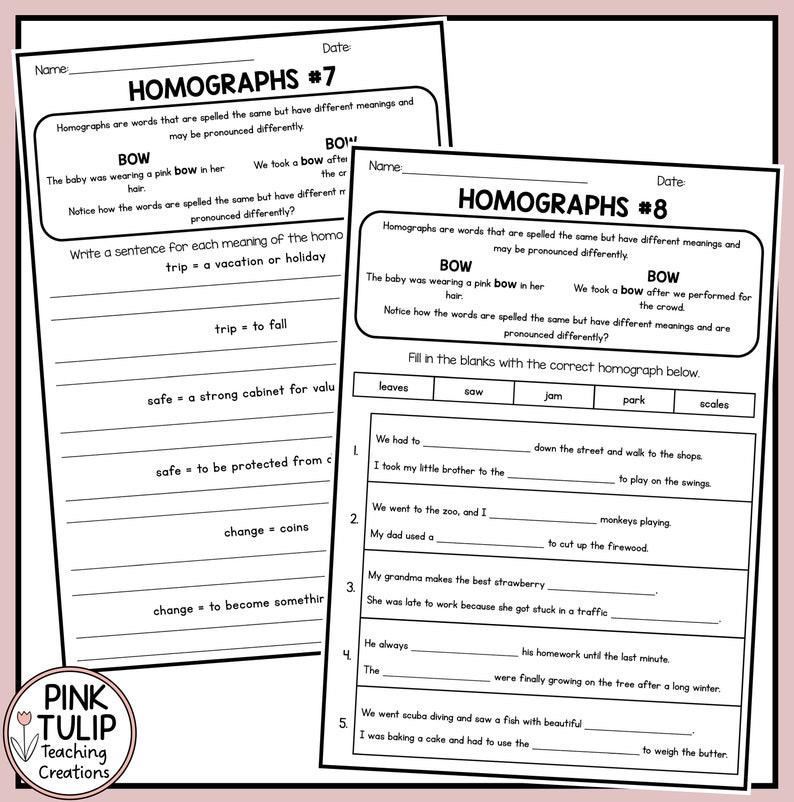 Homographs - Worksheet Pack With Answers - Etsy