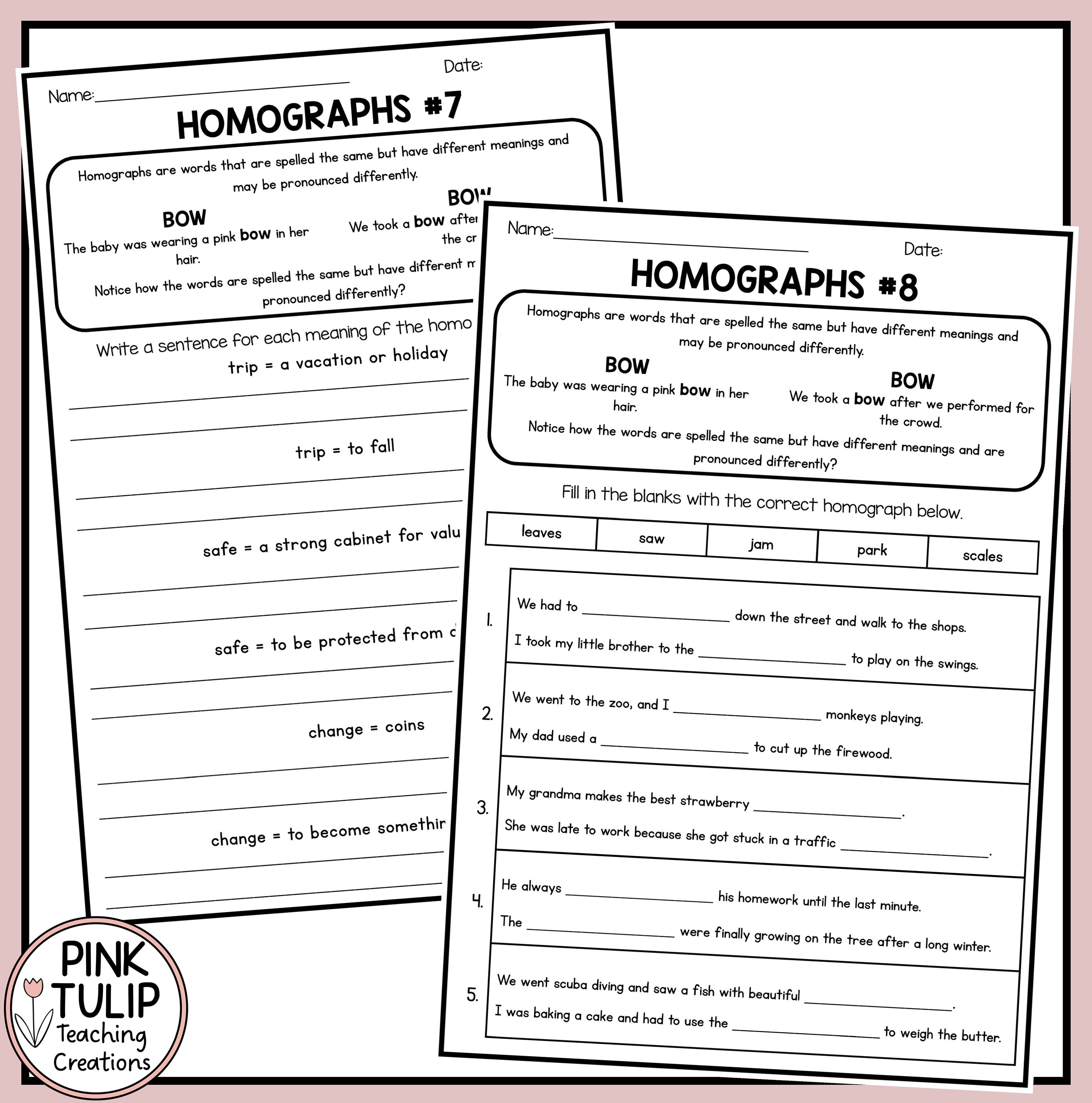 Homographs - Worksheet Pack With Answers - Etsy