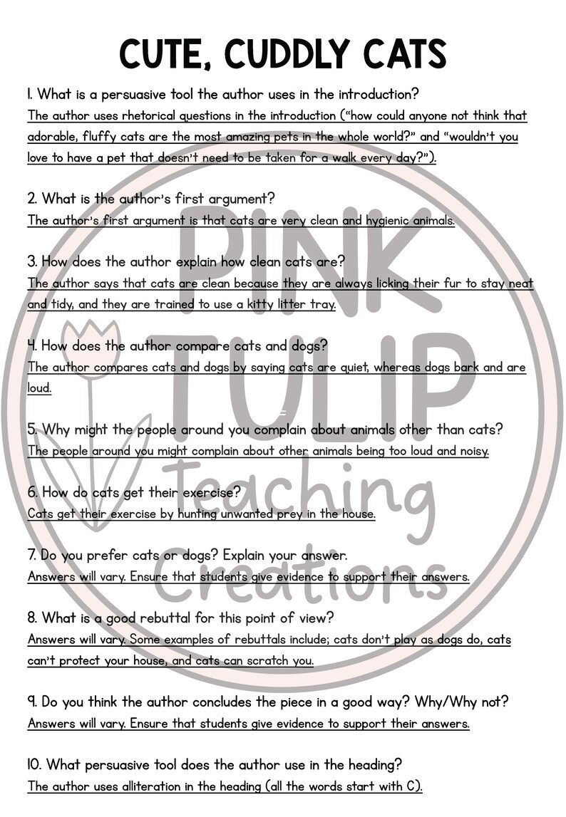 Persuasive Writing Comprehension Cute, Cuddly Cats - Etsy