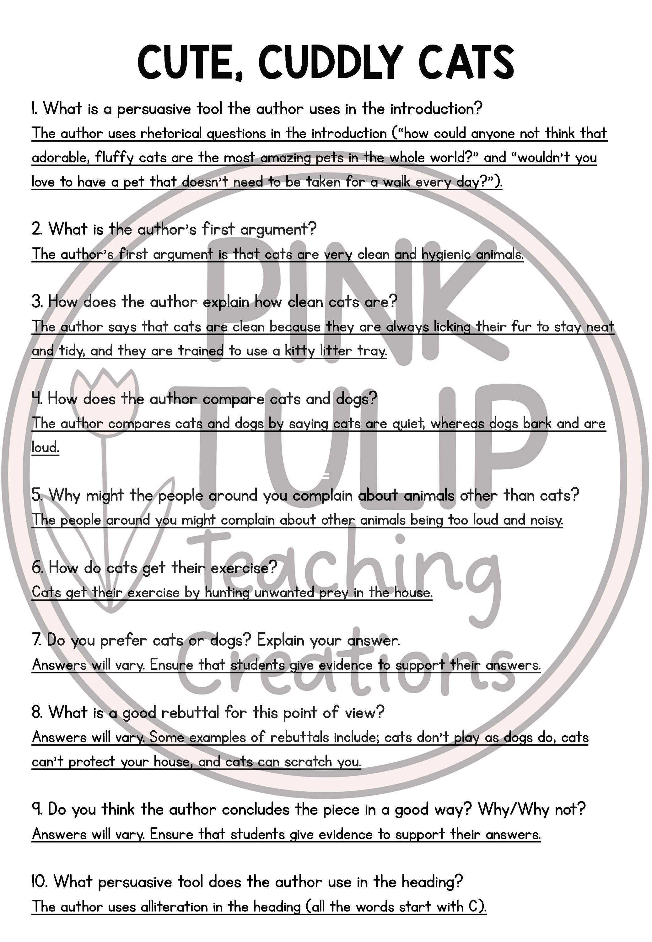 Persuasive Writing Comprehension Cute, Cuddly Cats - Etsy