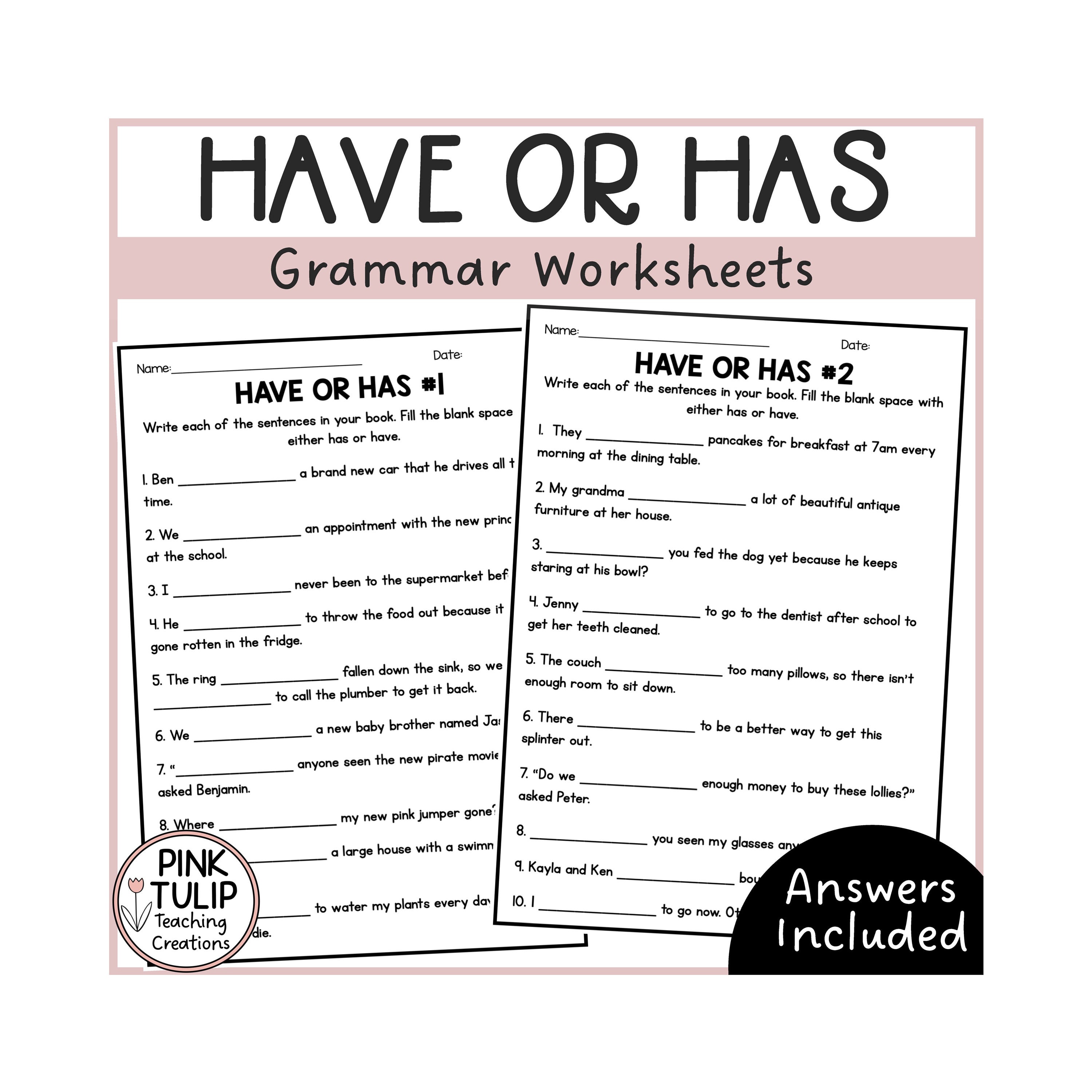 Have or Has Grammar Worksheets - Etsy