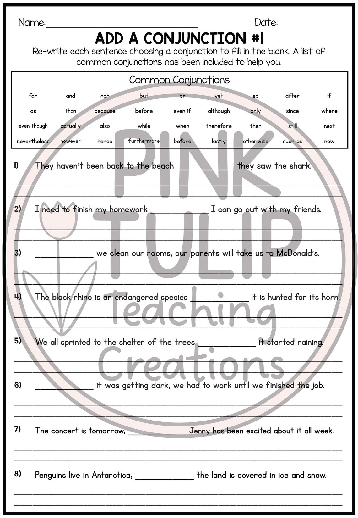 Add A Conjunction to the Sentences - Fill in the Blanks Worksheet Pack ...