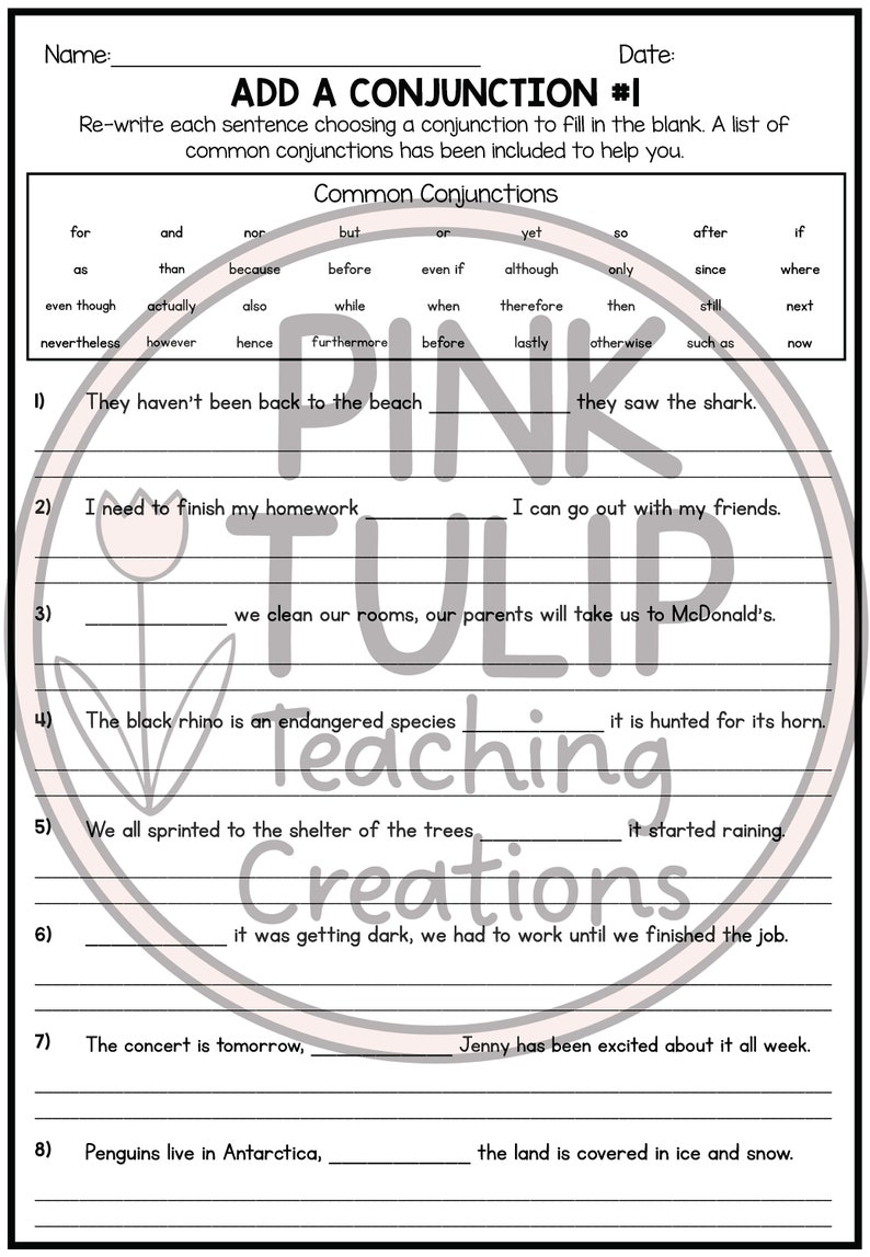Add A Conjunction to the Sentences - Fill in the Blanks Worksheet Pack ...